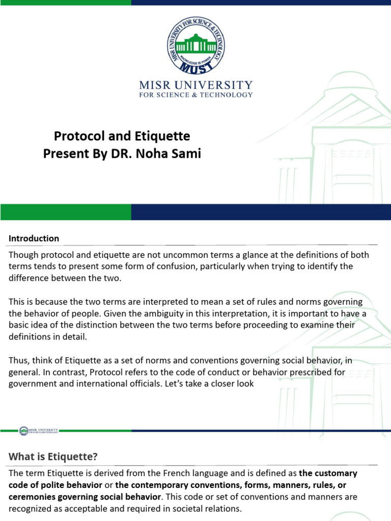 Protocol and Etiquette Present by DR. Noha Sami | Download Free PDF | Etiquette | Treaty