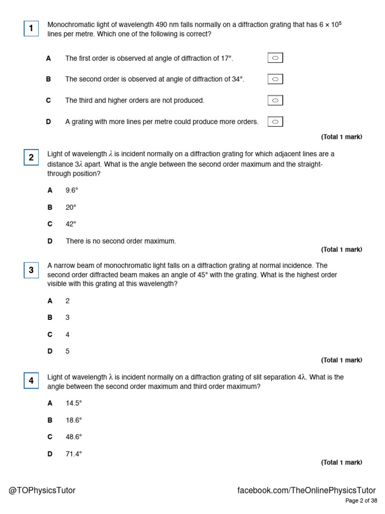 Diffraction Grating Calculations and Analysis | PDF | Diffraction | Wavelength