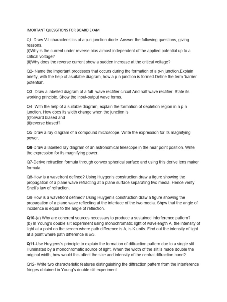 Important Board Exam Physics Questions | PDF | Atomic Nucleus | Diffraction