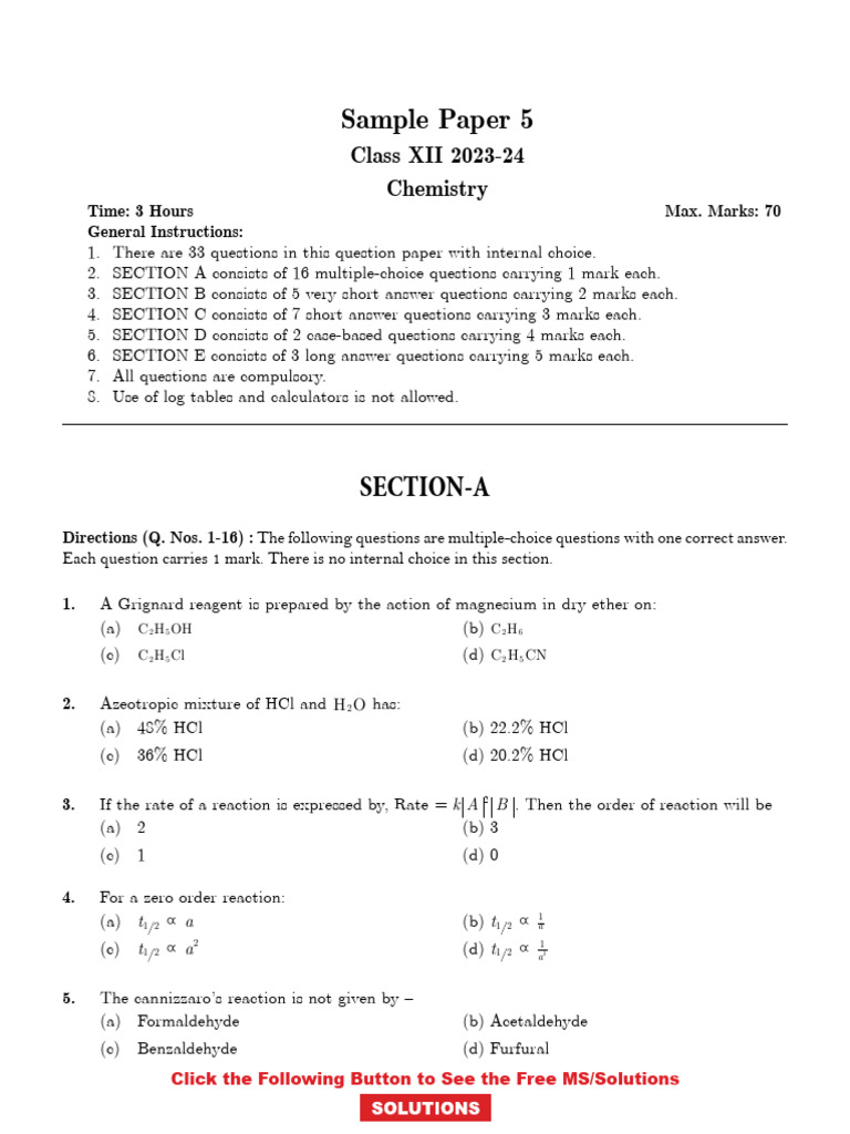CBSE Class 12 Chemistry Sample Paper 5 | PDF | Technology & Engineering