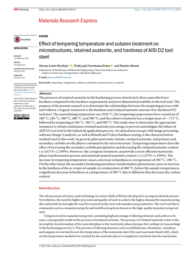 Effect of Tempering Temperature and Subzero Treatm | PDF | Steel | Applied And Interdisciplinary ...