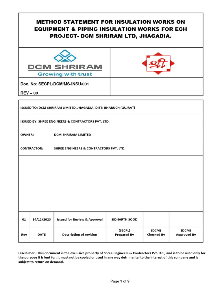 Method Statement - DCM - Jhagadiya - 001 | PDF | Thermal Insulation ...