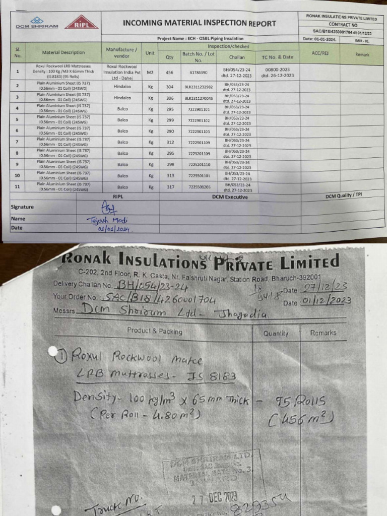 RIPL-IMIR-1 (LRB Mattresses Aluminium Sheet) With Delivery Challan TC ...