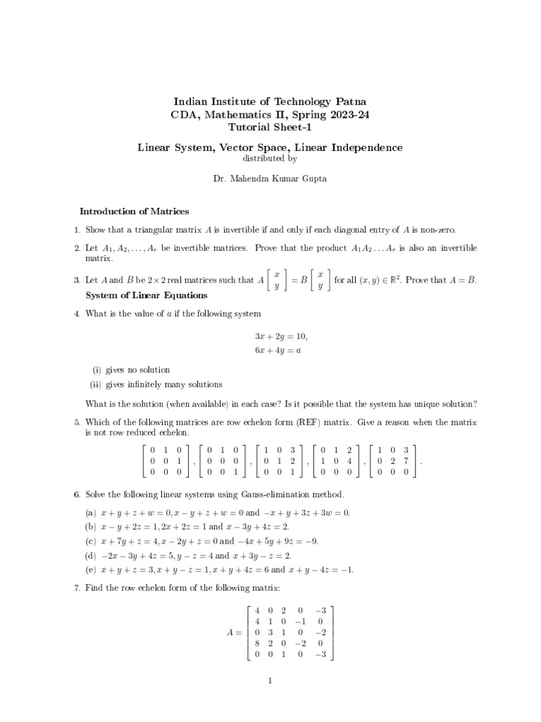 LA (Linear System, Vector Space, LI) | PDF | Matrix (Mathematics) | Linear Subspace