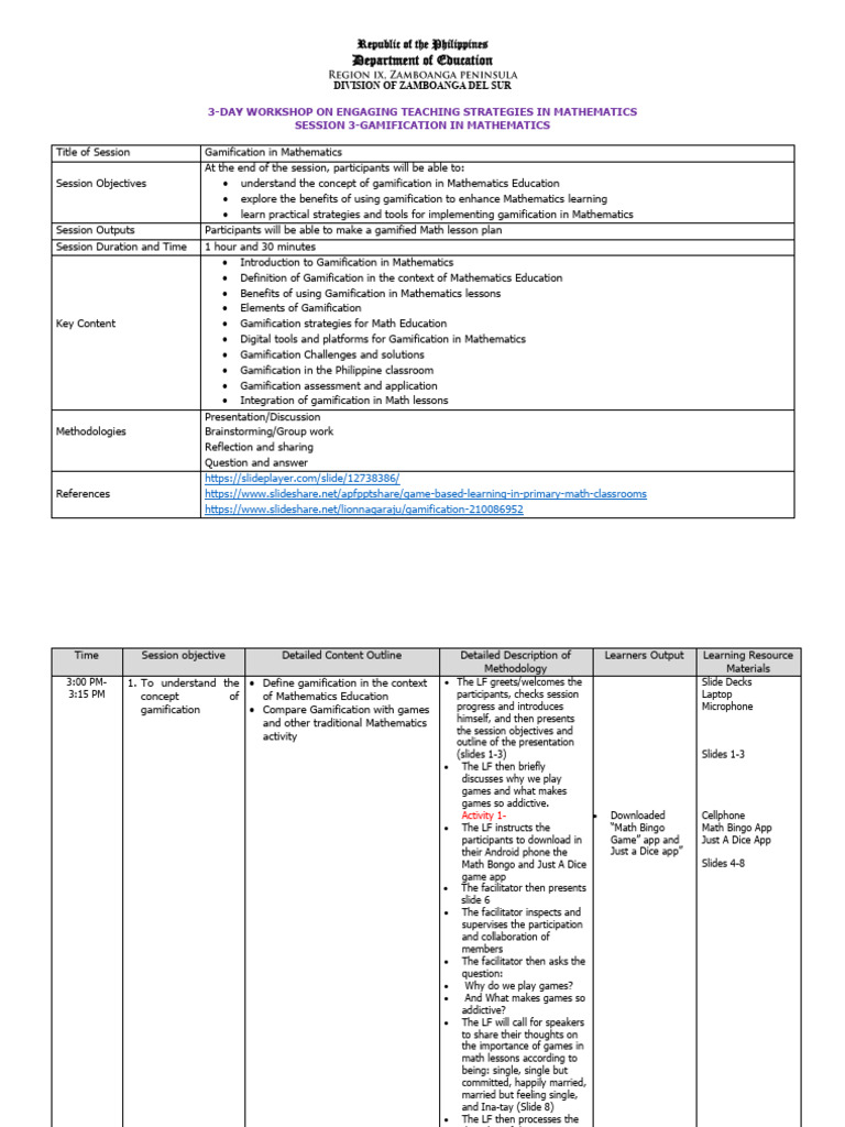 Session 3 SG - Pedrano - Gamification in Mathematics | PDF | Lesson Plan | Mathematics