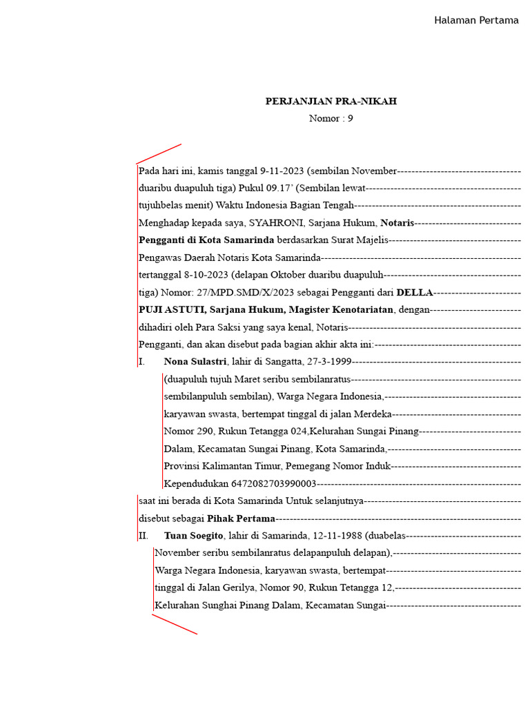 Contoh Perjanjian Pra-Nikah Notaris | PDF | Pengelolaan Keuangan & Uang ...