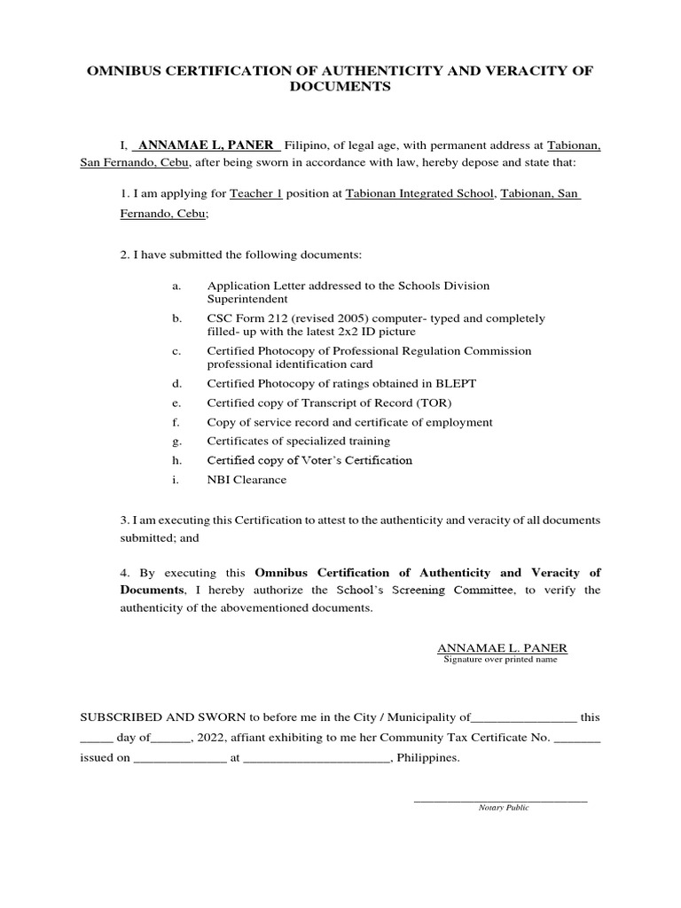 Omnibus Certification of Authenticity and Veracity of Documents | PDF