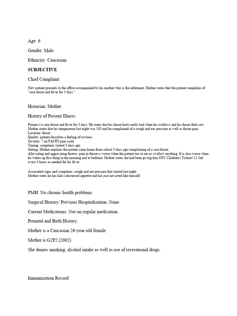 Pediatric SOAP Note: Strep Throat Case | PDF | Pain | Clinical Medicine