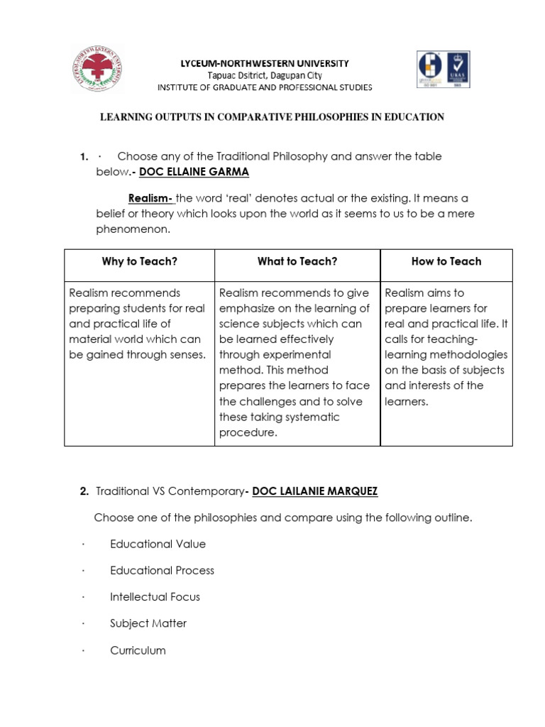 Learning Outputs in Comparative Philosophies in Education | PDF ...