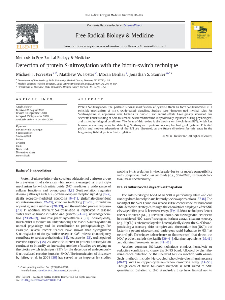Detection of Protein S-Nitrosylation With The Biotin-Switch Technique ...