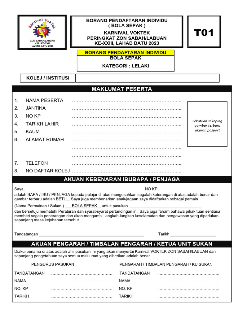 Borang T01, T02 Dan T03 Bola Sepak | PDF