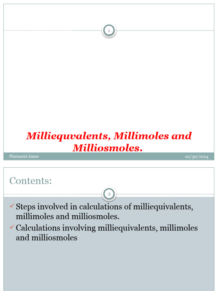 Milliequvalents, Millimoles and Milliosmoles | PDF | Ion | Electrolyte