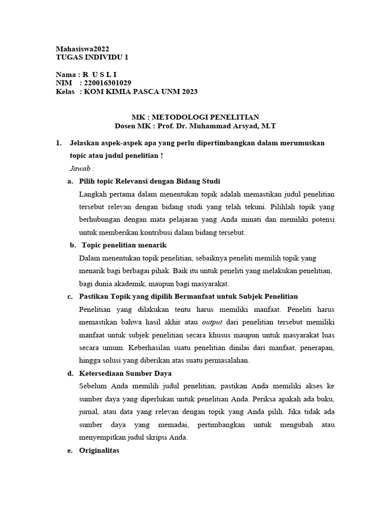Tugas Individu 1 - Metodologi Penelitian | PDF | Karier & Perkembangan | Sains & Matematika