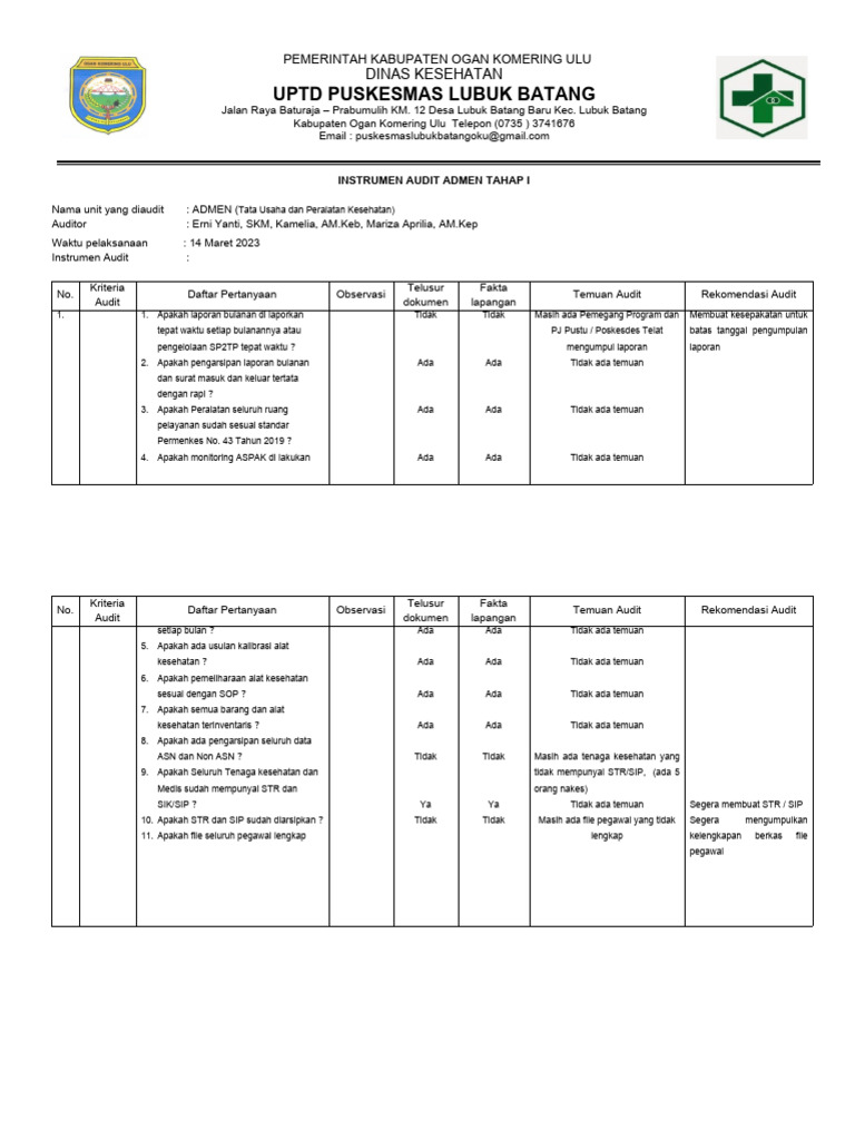 Instrumen Audit Internal Tahap 1 | PDF