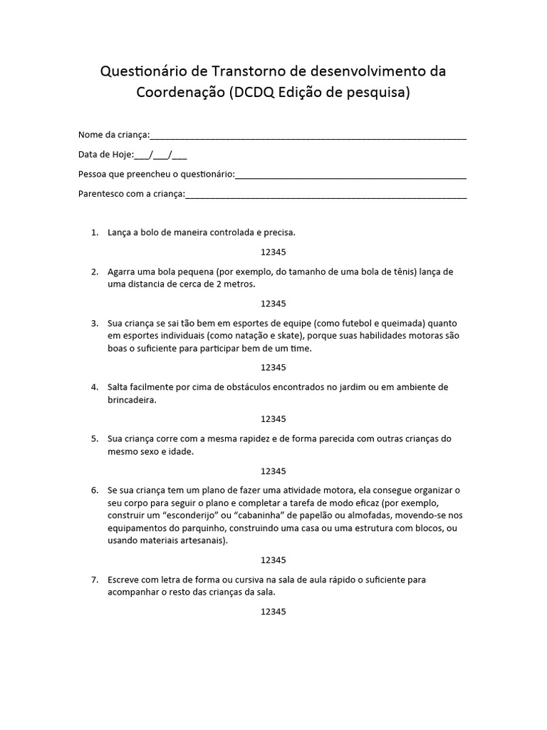 DCDQ Questionario de Transtorno de Desenvolvimento Da Coordenacao | PDF