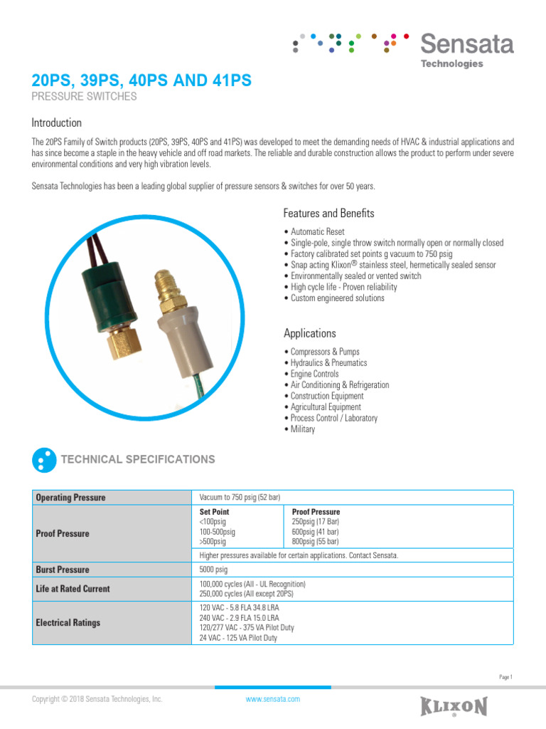 sensata-20ps series-pressure switches-datasheet | PDF | Switch ...