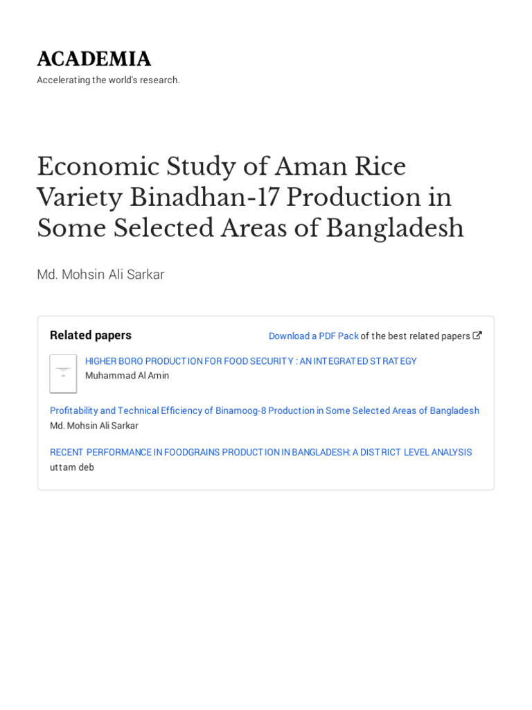 Economic Study of Aman Rice Variety Binadhan-17 Production in Some ...