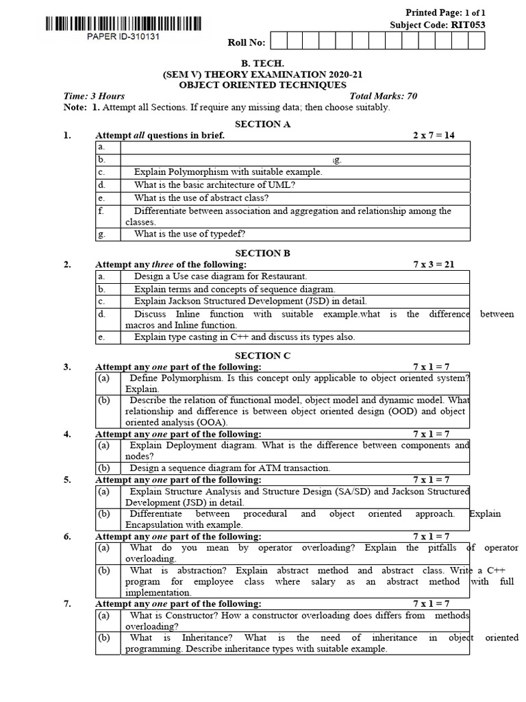 Btech It 5 Sem Object Oriented Techniques Rit053 2021 Pdf Object Oriented Programming