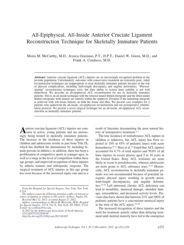 All-Epiphyseal, All-Inside Anterior Cruciate Ligament Reconstruction ...