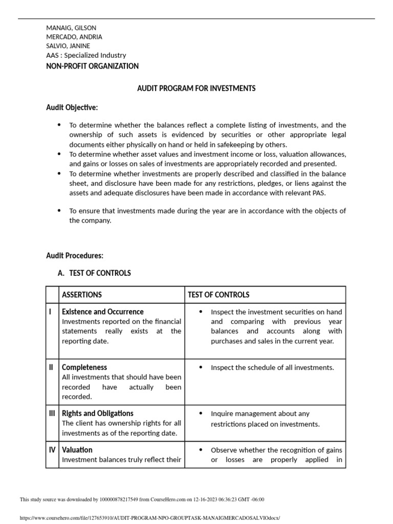 Audit Program Npo Grouptask Manaigmercadosalvio | PDF | Investing | Audit