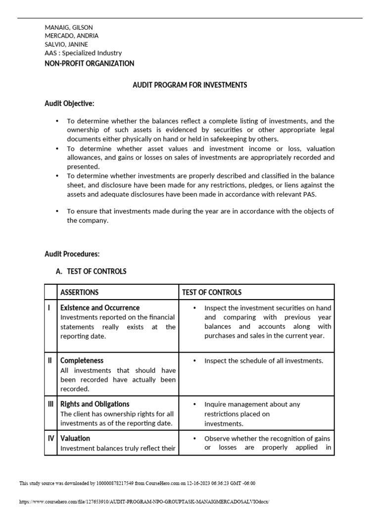 Audit Program Npo Grouptask Manaigmercadosalvio | PDF | Investing | Audit
