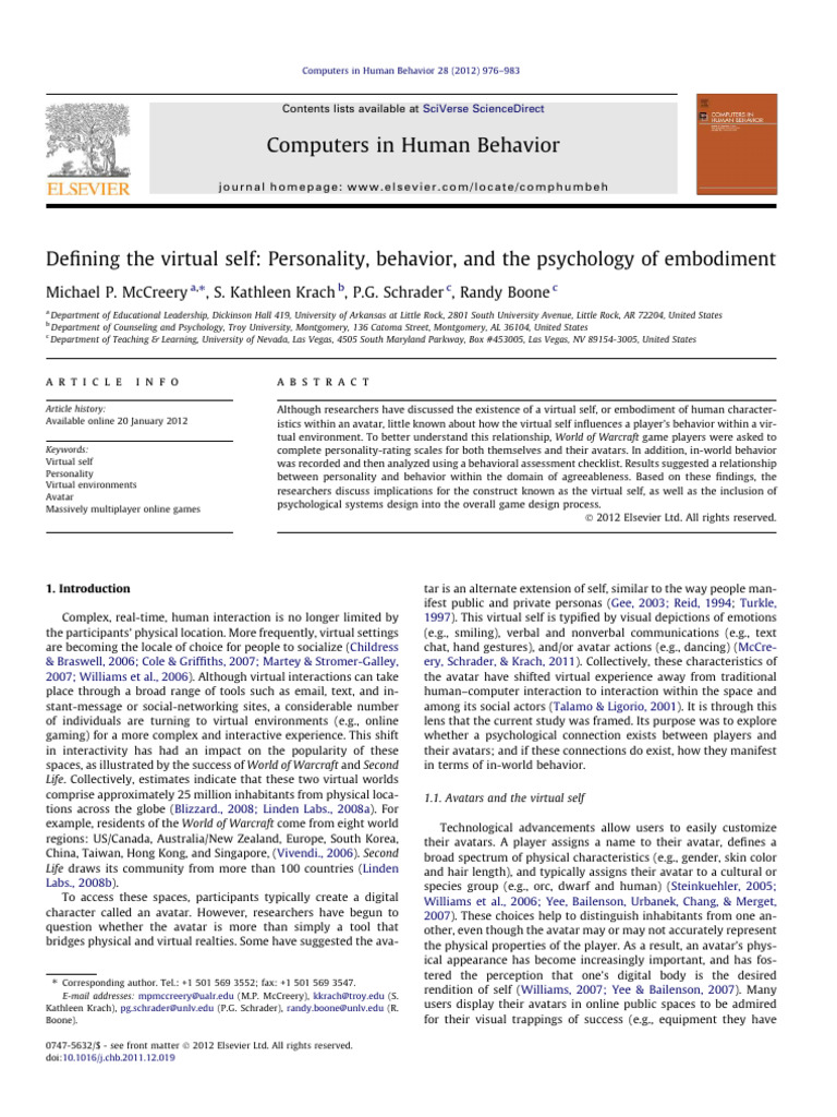 Understanding the Virtual Self in Gaming | PDF | Psychology ...
