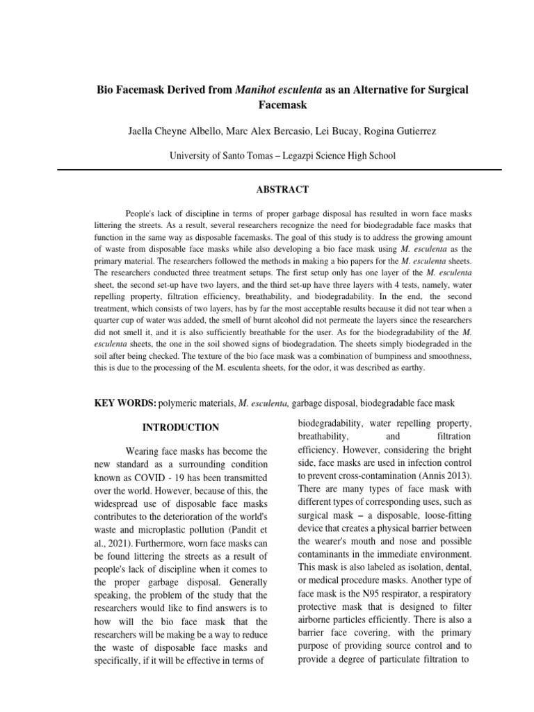 St. Lawrence Group 4 Bio Facemask Derived From Manihot Esculenta As An ...