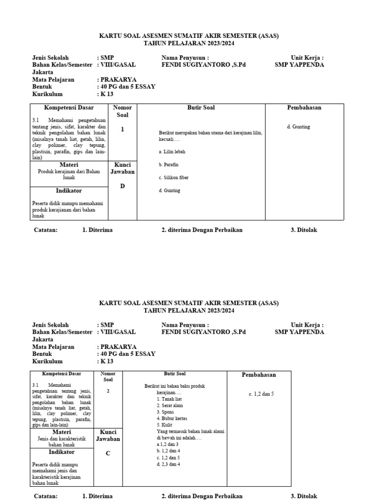 Kartu Soal Sas Kelas 8 2023 Prakarya | PDF