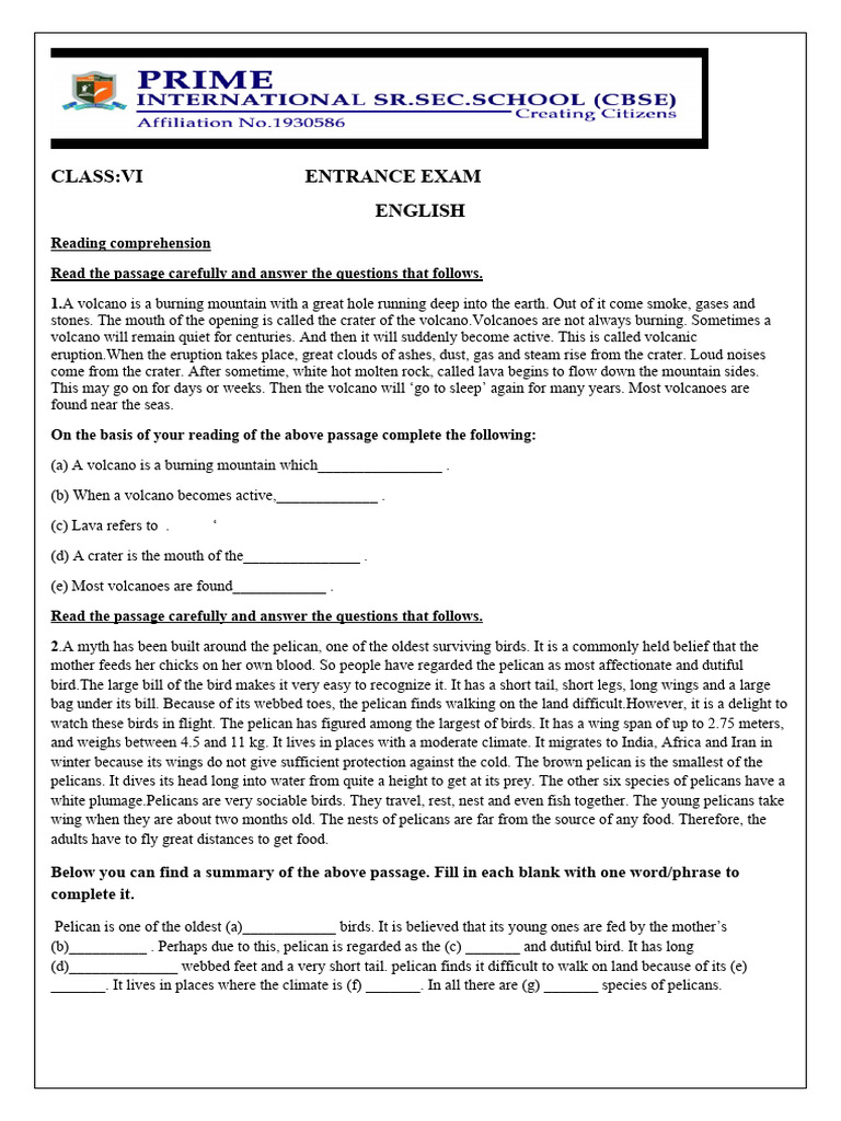 6TH Entrance Exam (SET-2) | PDF | Volcano | Types Of Volcanic Eruptions