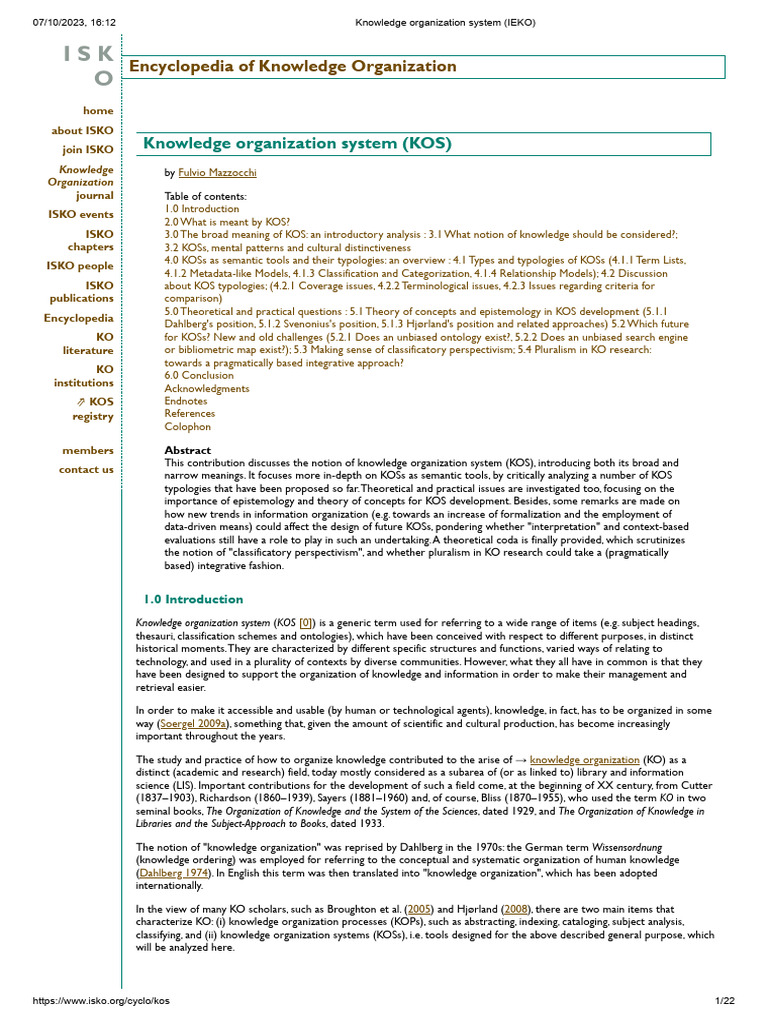 MAZZOCCHI, 2017. Knowledge Organization System (IEKO) | PDF | Knowledge | System