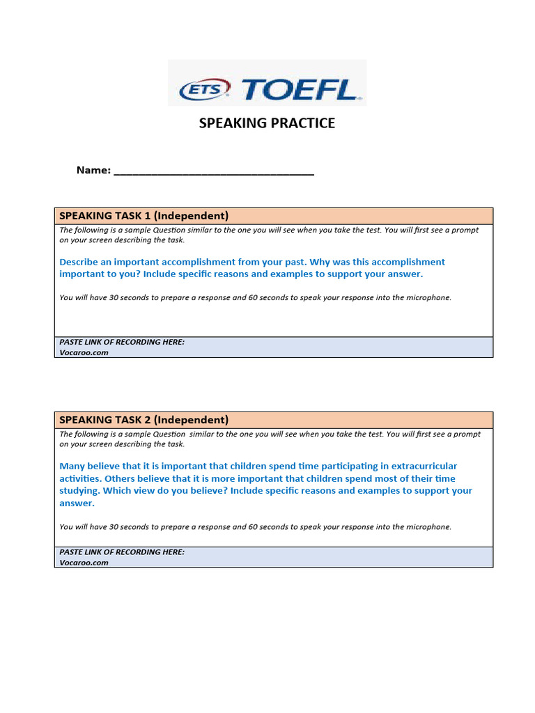 TOEFL Speaking Practice Tasks 2022 | PDF | Conversation | Test Of ...