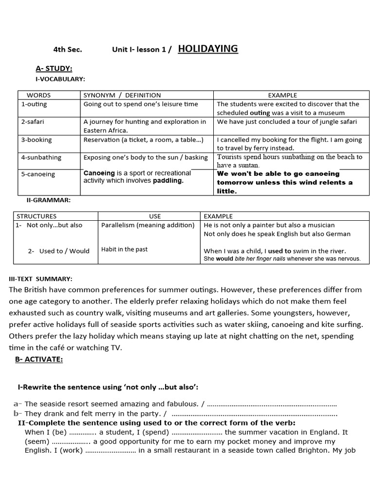 Unit 1 - Lesson 1 Holidaying | PDF