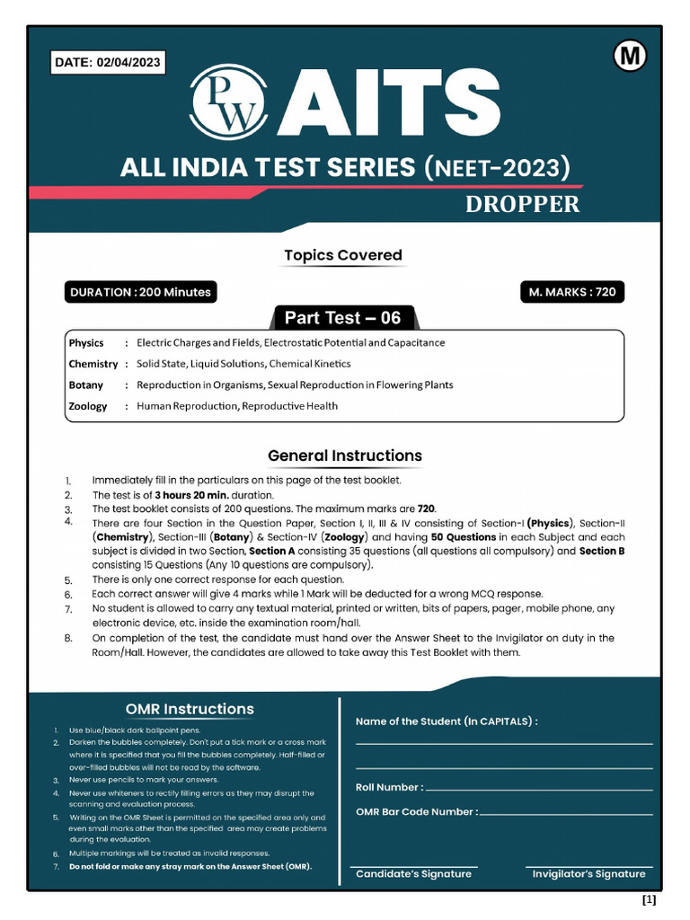 64290bc8ffe07d0018482b6a - ## - AITS 06 Question Paper | PDF ...