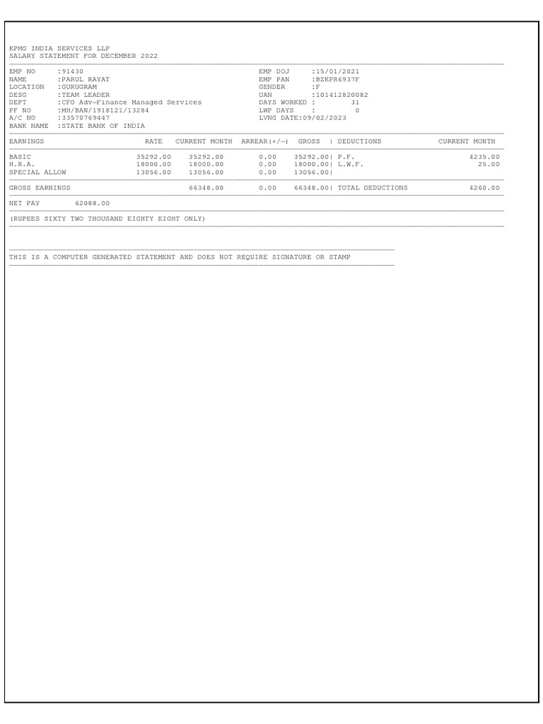 KPMG India December 2022 Salary Slip | PDF | Business
