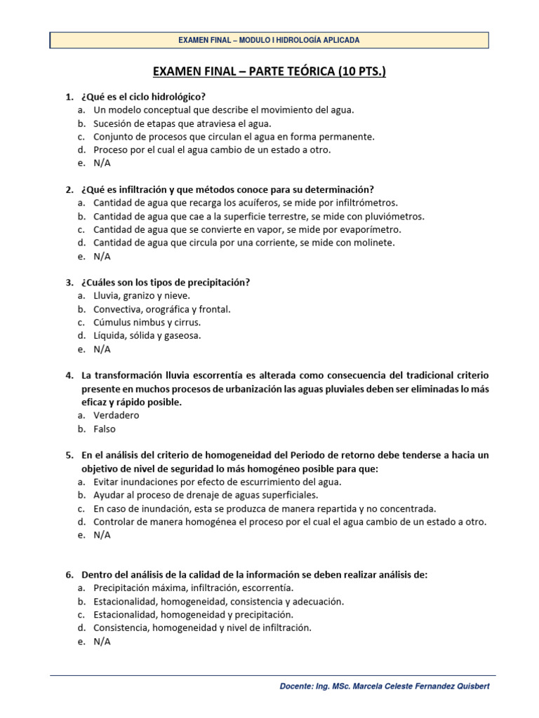 EXAMEN FINAL MODULO I | PDF | Agua | Precipitación