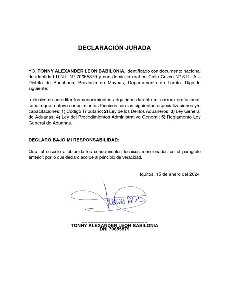 Declaracion Jurada - Sunat | PDF