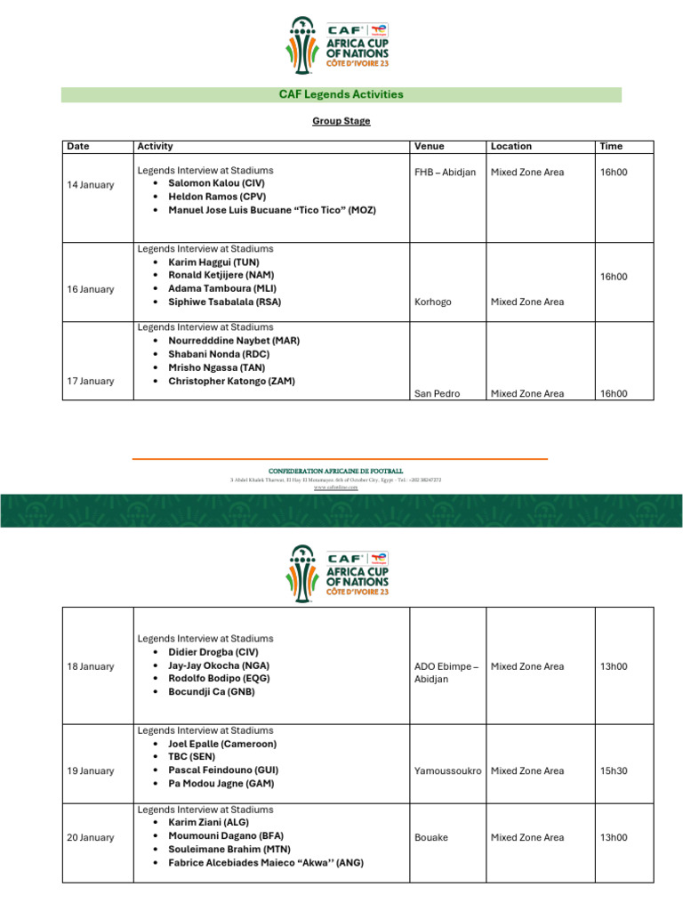 CAF Legends Interview Schedule 2024 | PDF | Football Codes | Sports