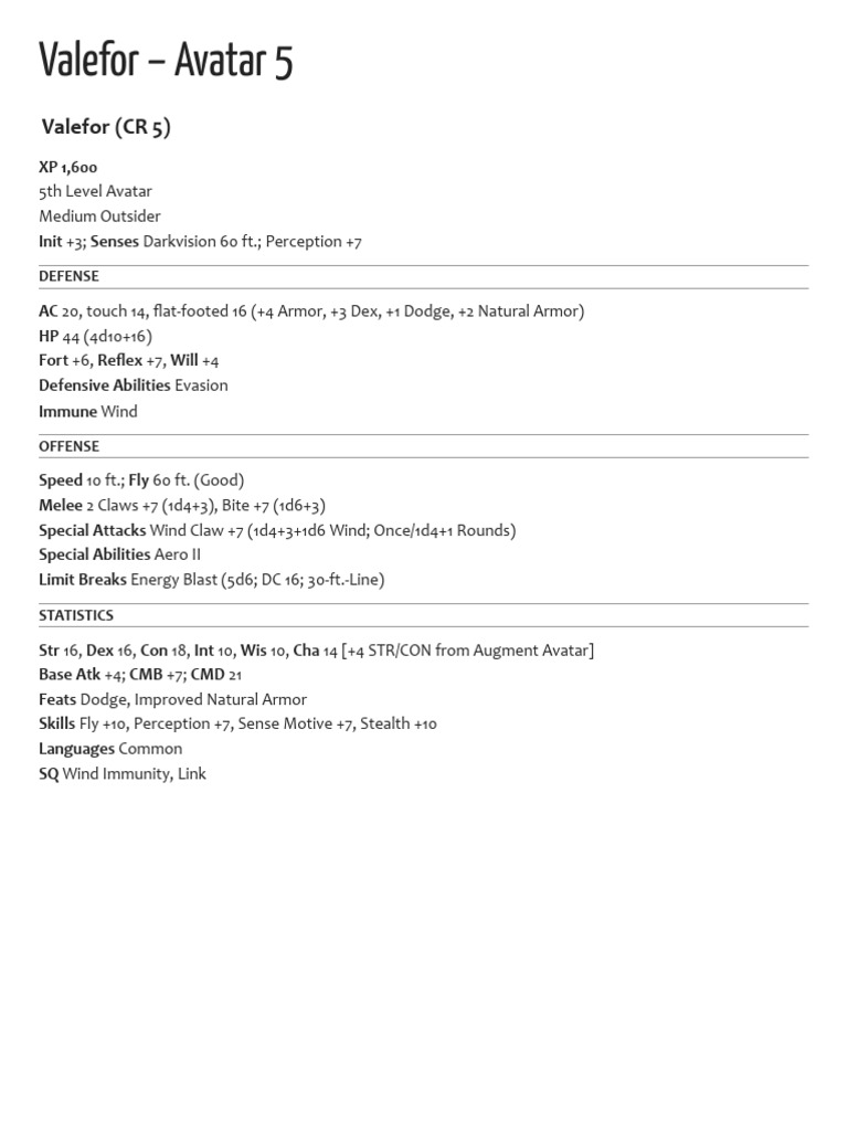 Valefor - Avatar 5 - Final Fantasy d20 | PDF | History