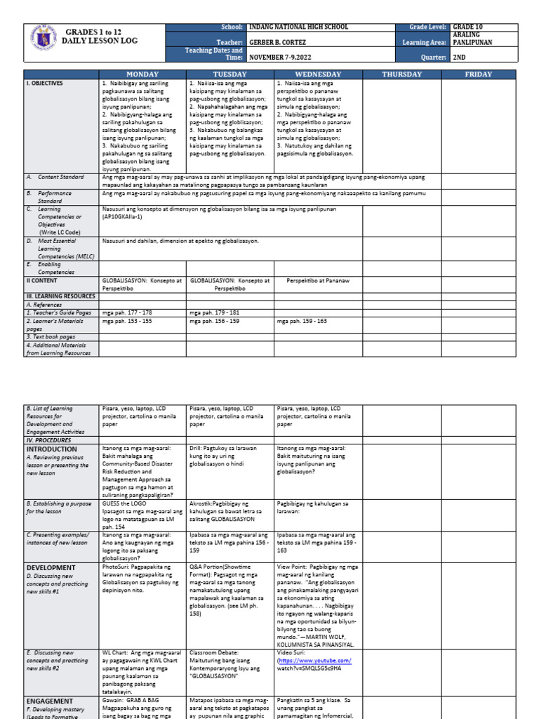 Monday Tuesday Wednesday Thursday Friday: GRADES 1 To 12 Daily Lesson ...