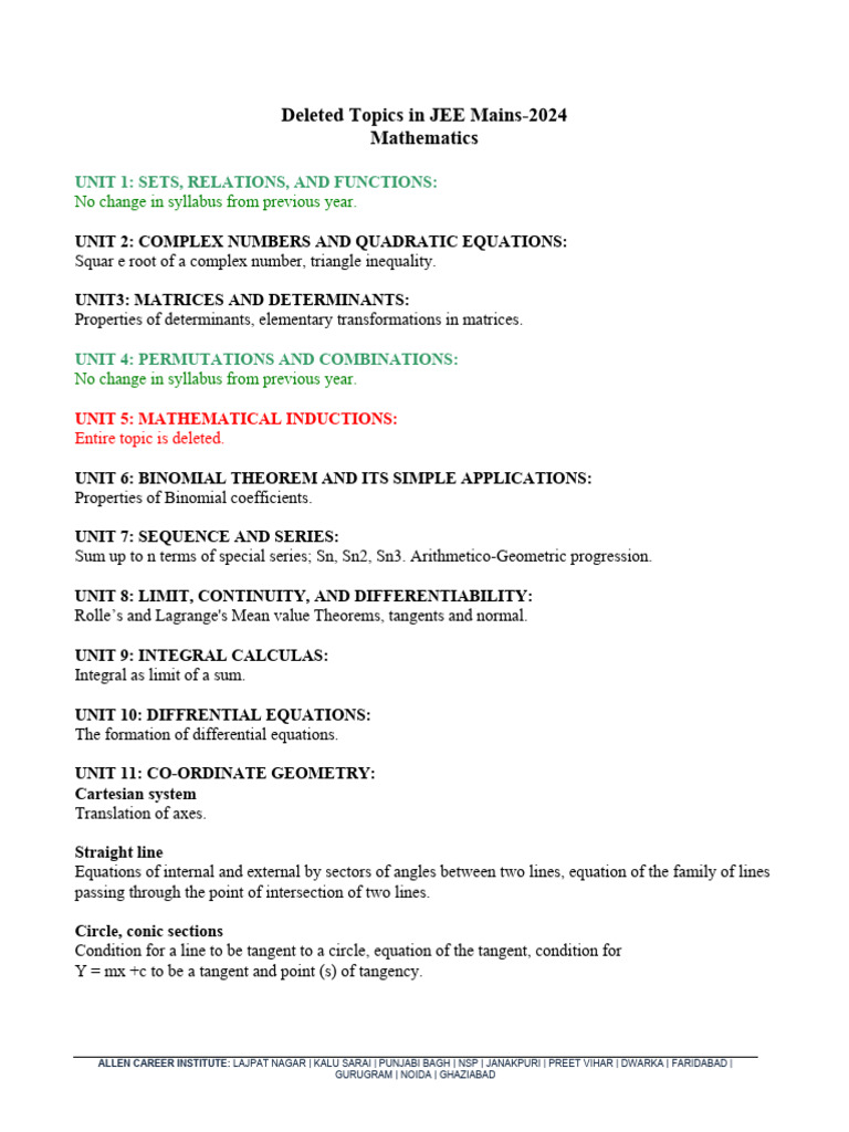 JEE Mains 2024 - Deleted Topics List of PCM | PDF | Equations | Physics