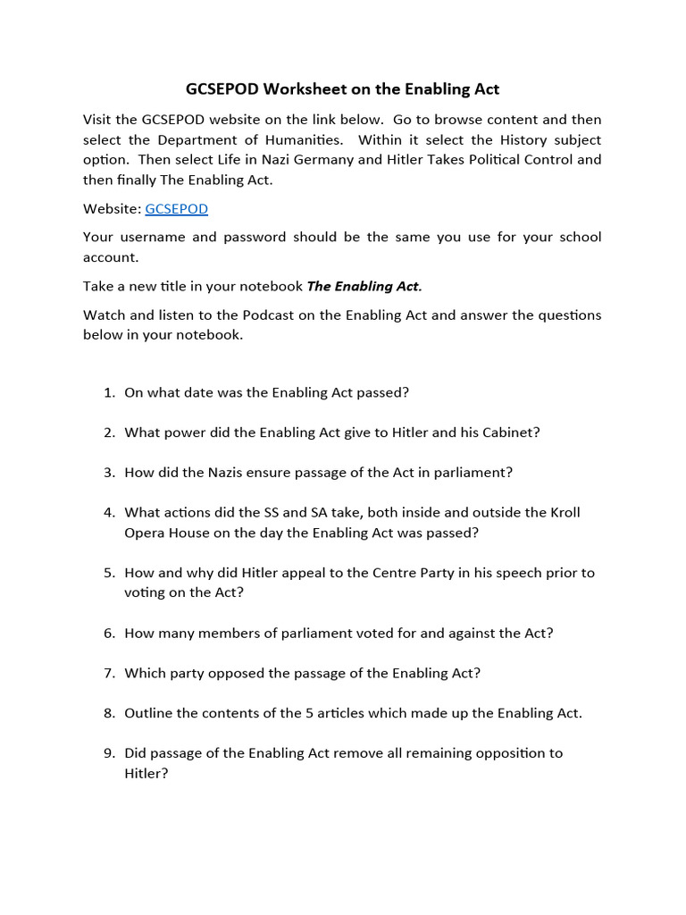 GCSEPOD Worksheet On The Enabling Act | PDF | Politics