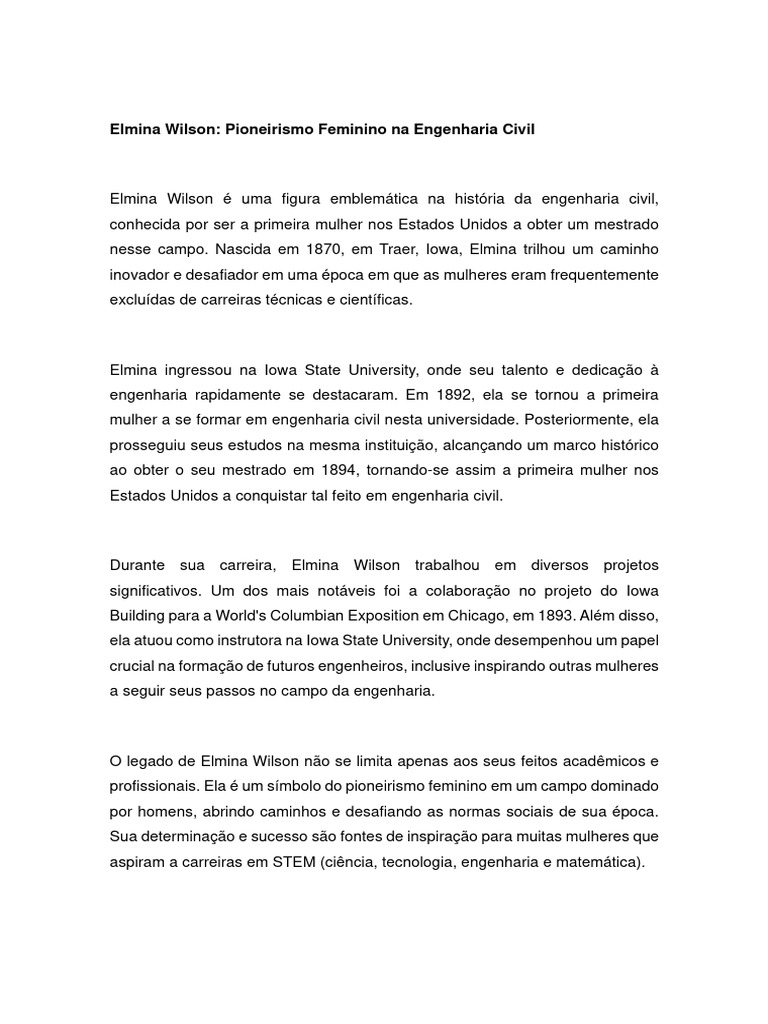 Elmina Wilson: Pioneira da Engenharia Civil | PDF | História