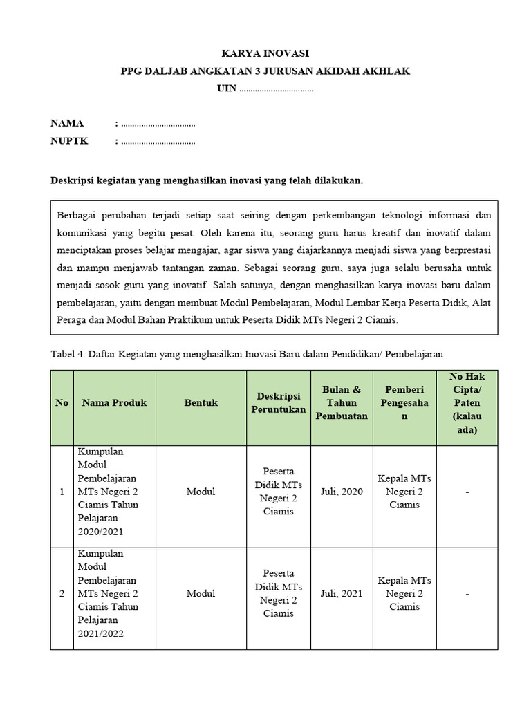 Tabel 4. Daftar Kegiatan Yang Menghasilkan Inovasi Baru Dalam Pembelajaran | PDF