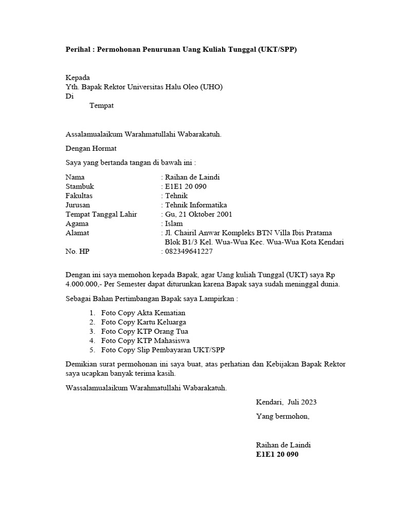 Surat Permohonan Penurunan Ukt | PDF | Ilmu Sosial | Hukum