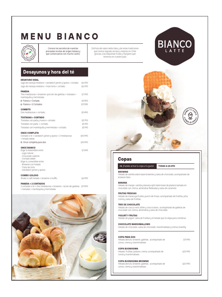 Menú Bianco: Desayunos y Postres | PDF | Helado | Chocolate