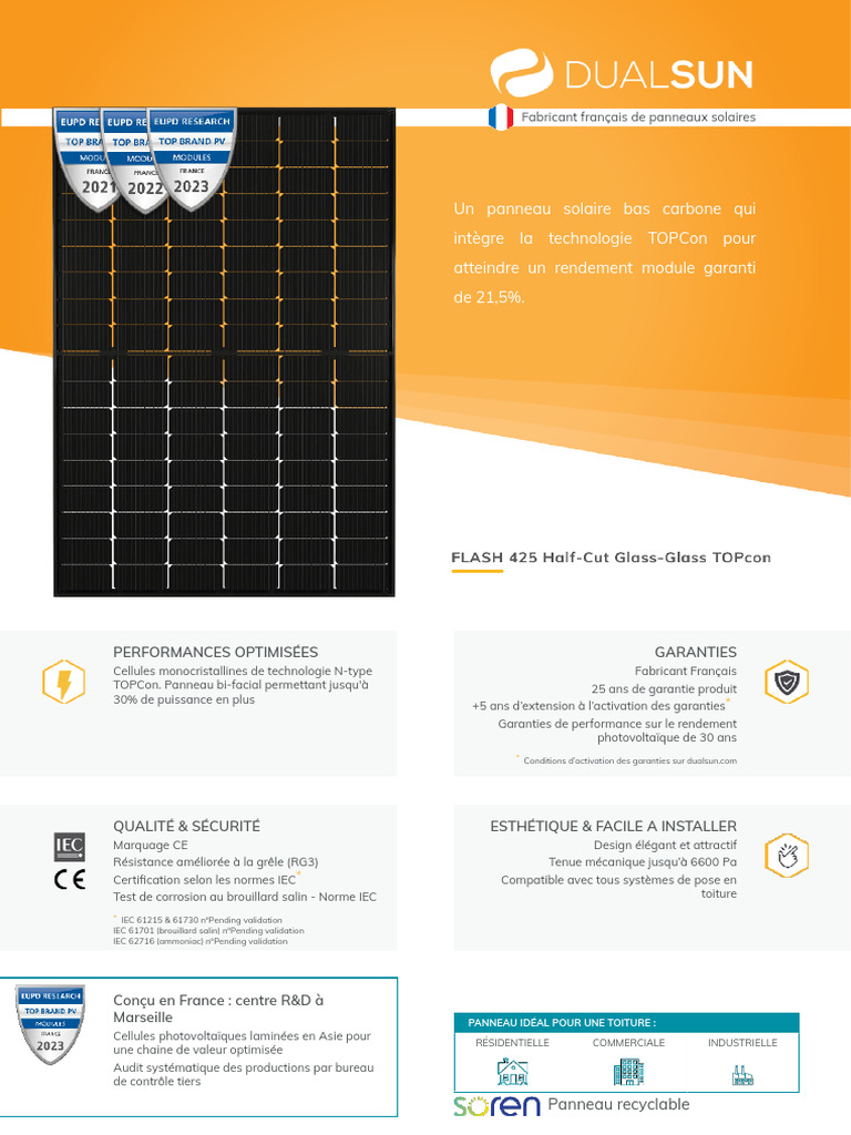 Dualsun FR Fiche Technique Flash 425 Half Cut Glass Glass Topcon | PDF