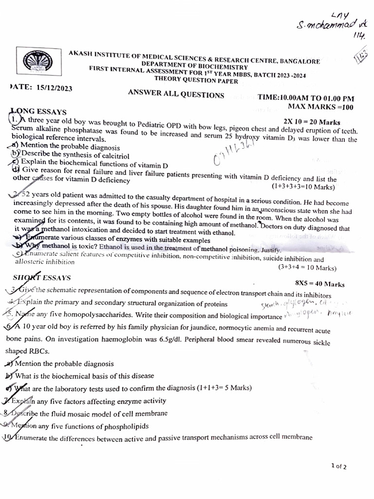 Biochemistry First Internal Assessment | PDF | Anemia | Biomolecules