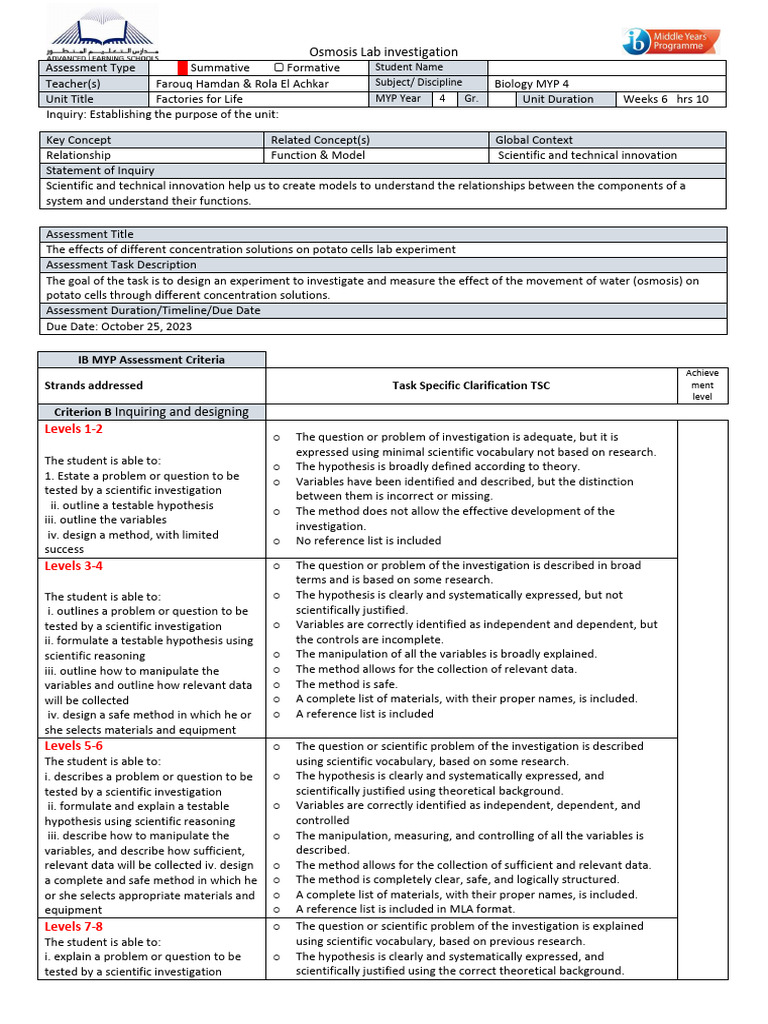 Osmosis Lab Assessment Crit. B & C New | PDF | Scientific Method ...