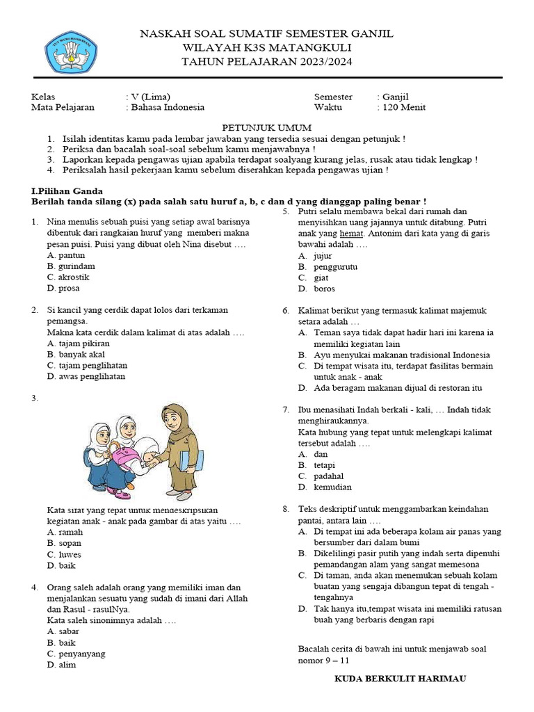 Soal Bahasa Indonesia Kelas V Semester Ganjil 2023 - 2024 | PDF