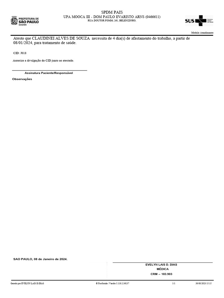 Atestado Medico Sus Claudinei | PDF
